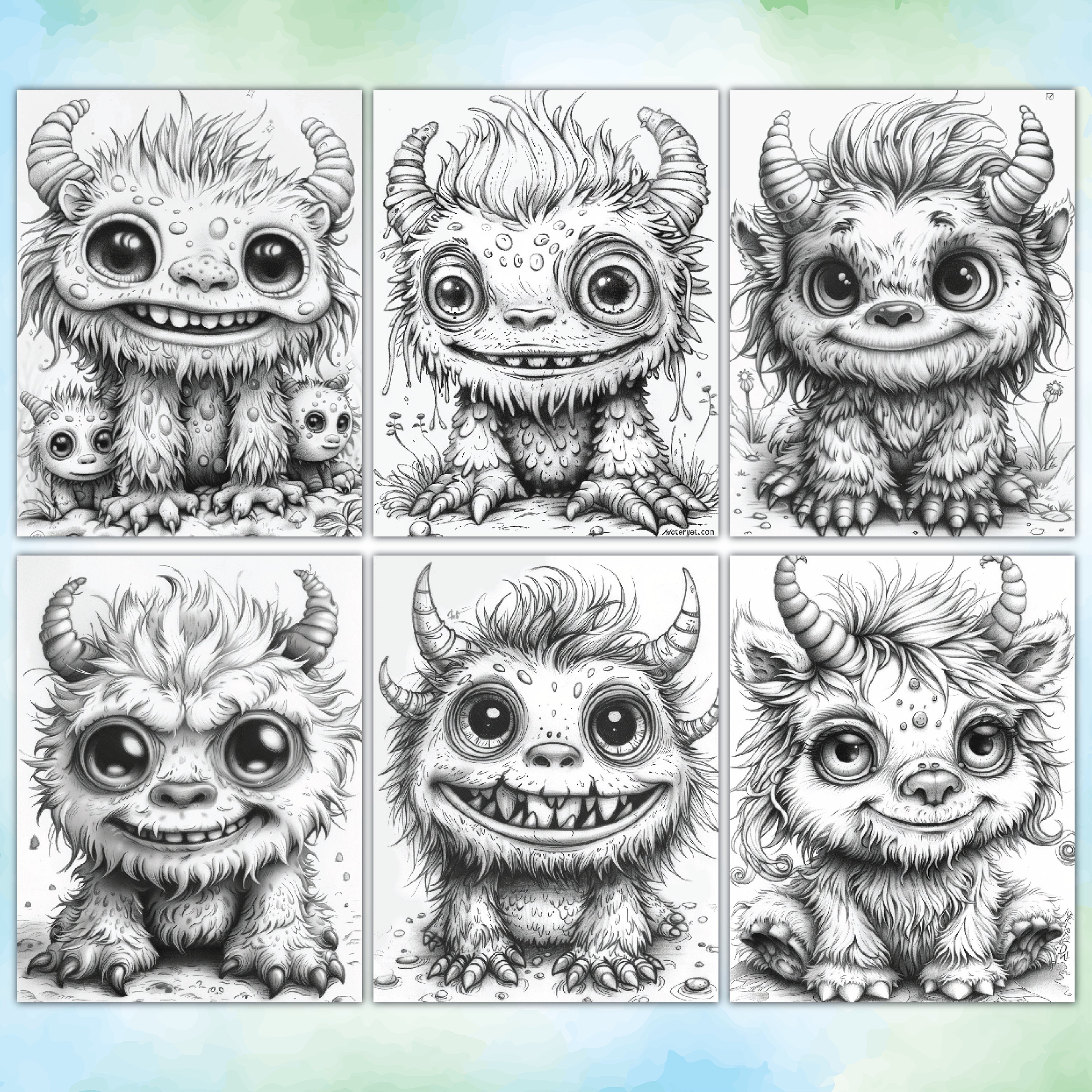 Grayscale Fantasy Adorable Cute Monsters Coloring Pages for Kids and ...