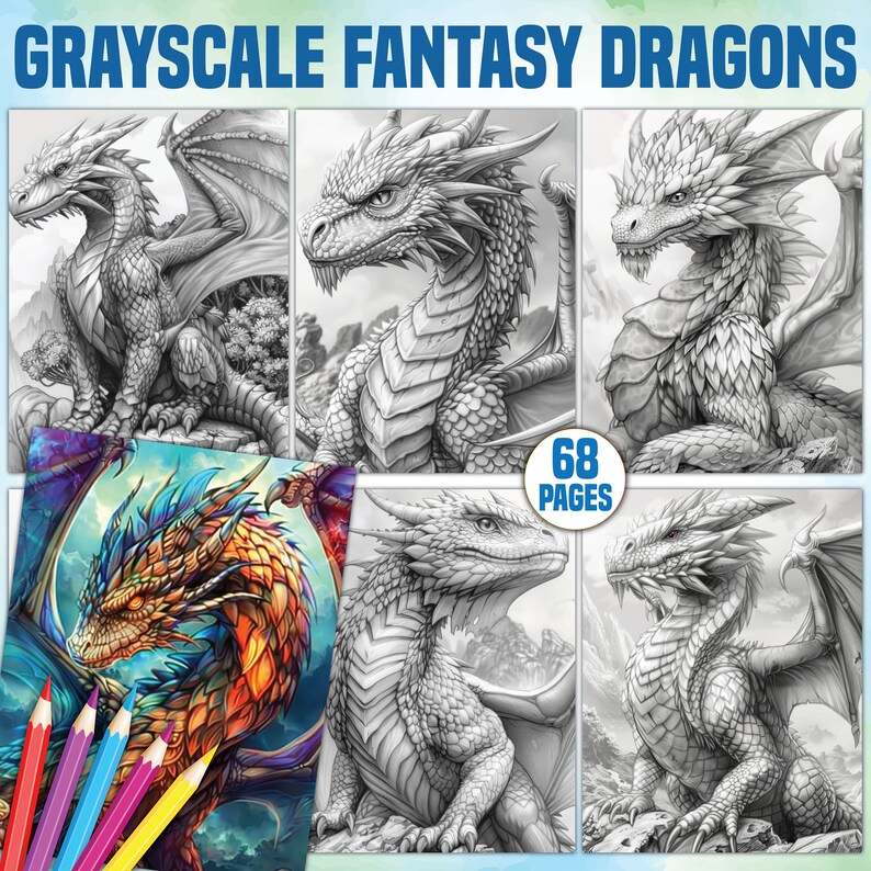 Grayscale Fantasy Dragons Coloring Pages for Kids and Adults ...