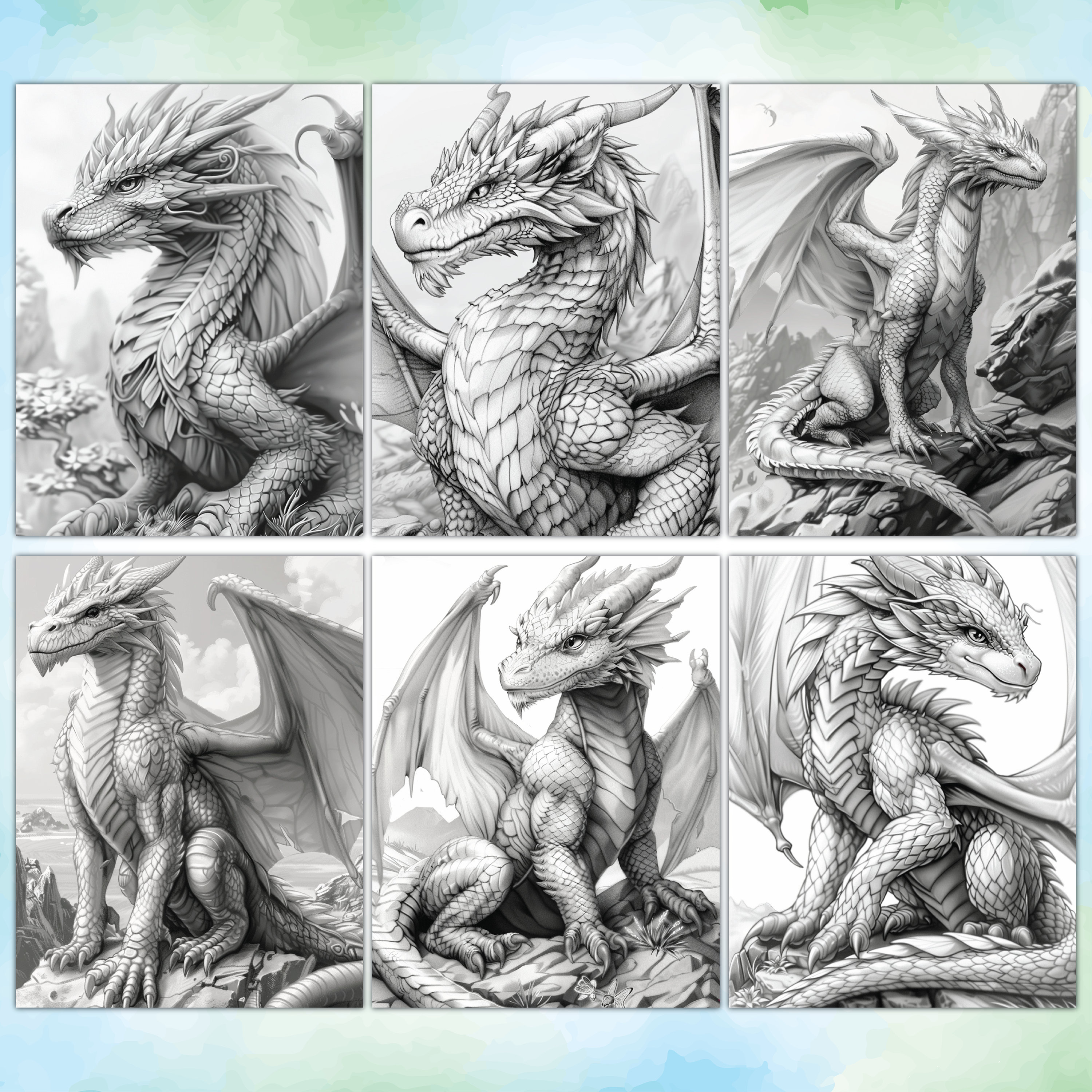 Grayscale Fantasy Dragons Coloring Pages for Kids and Adults ...