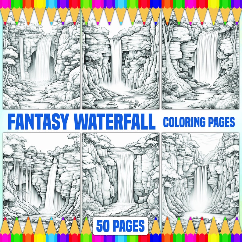 Fantasy Waterfall Coloring Pages : Relaxing Page Unwind and Find Peace ...