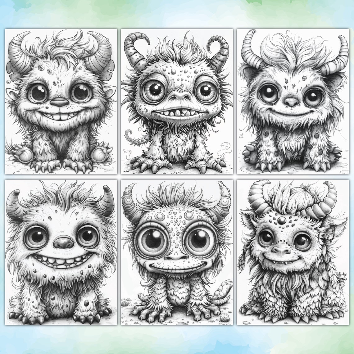 Grayscale Fantasy Adorable Cute Monsters Coloring Pages for Kids and ...