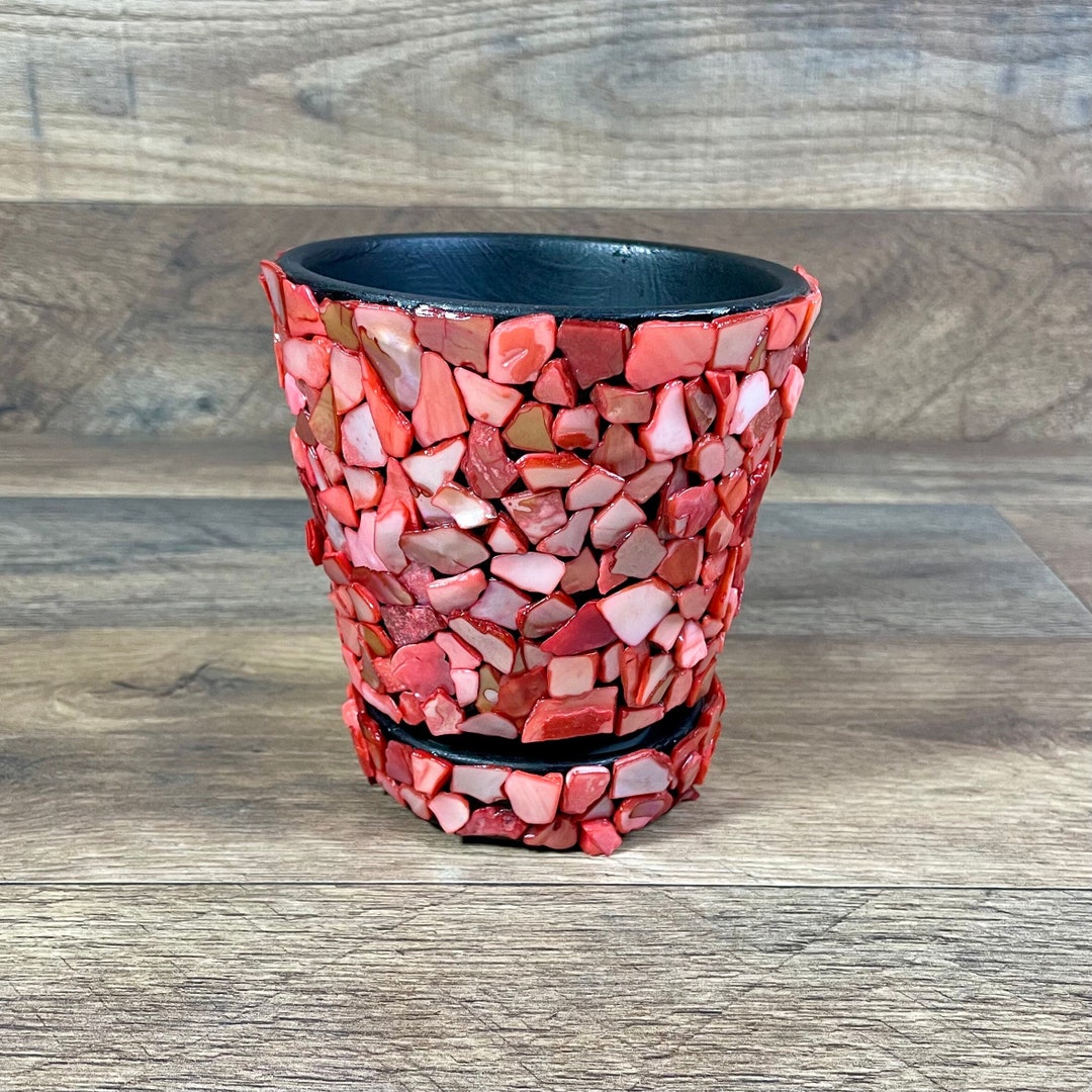 Red Rose 4 Shell Tile Pot With Attached Saucer Handmade Indoor Planting ...