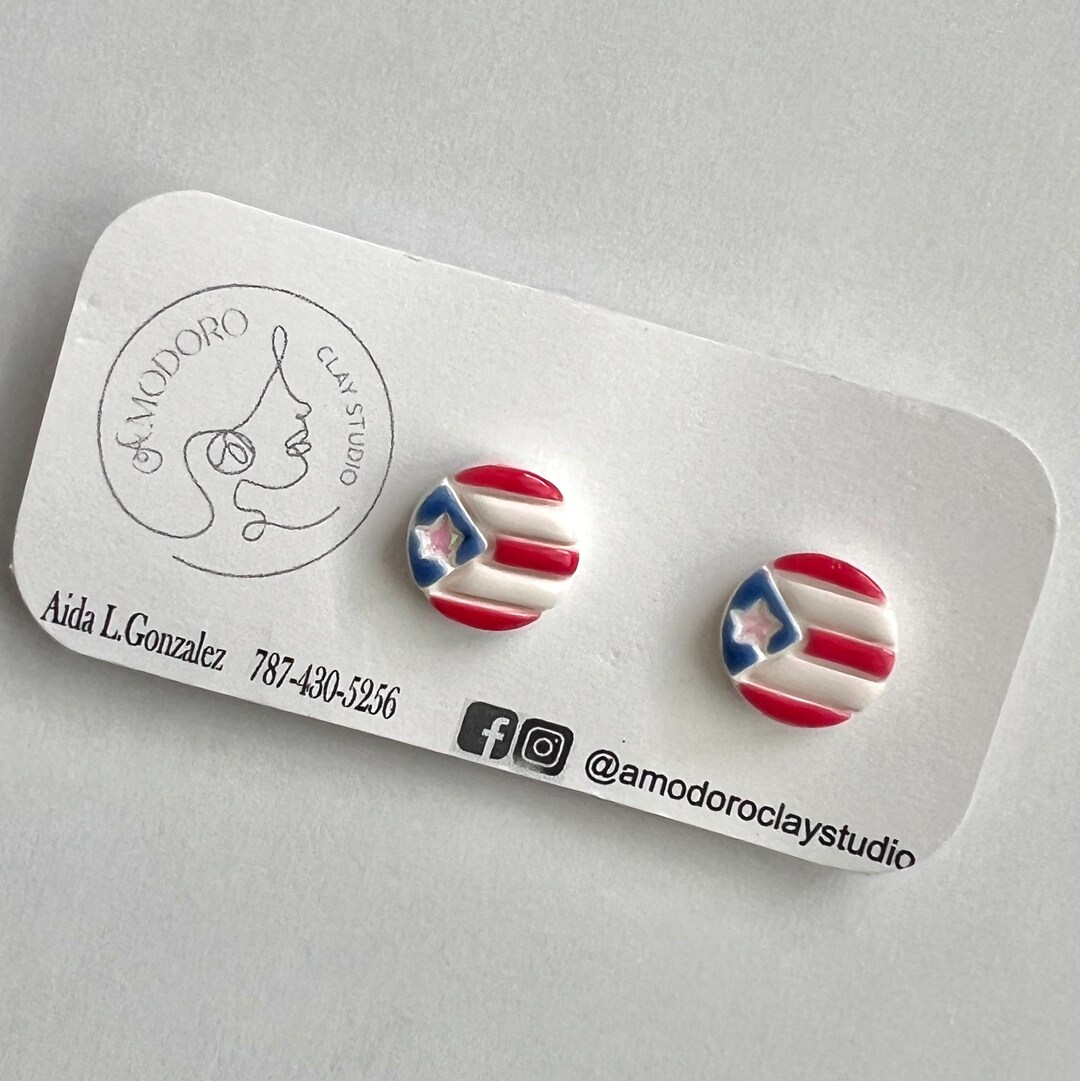 Handmade Puerto Rican Flag Polymer Clay Studs Earring White Red Blue ...