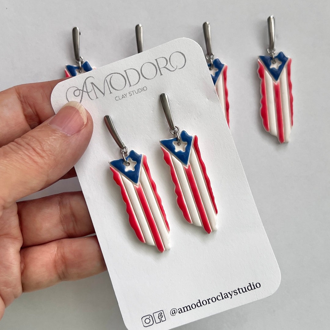 Handmade Puerto Rican Map Flag Polymer Clay Dangle Earring White Red ...