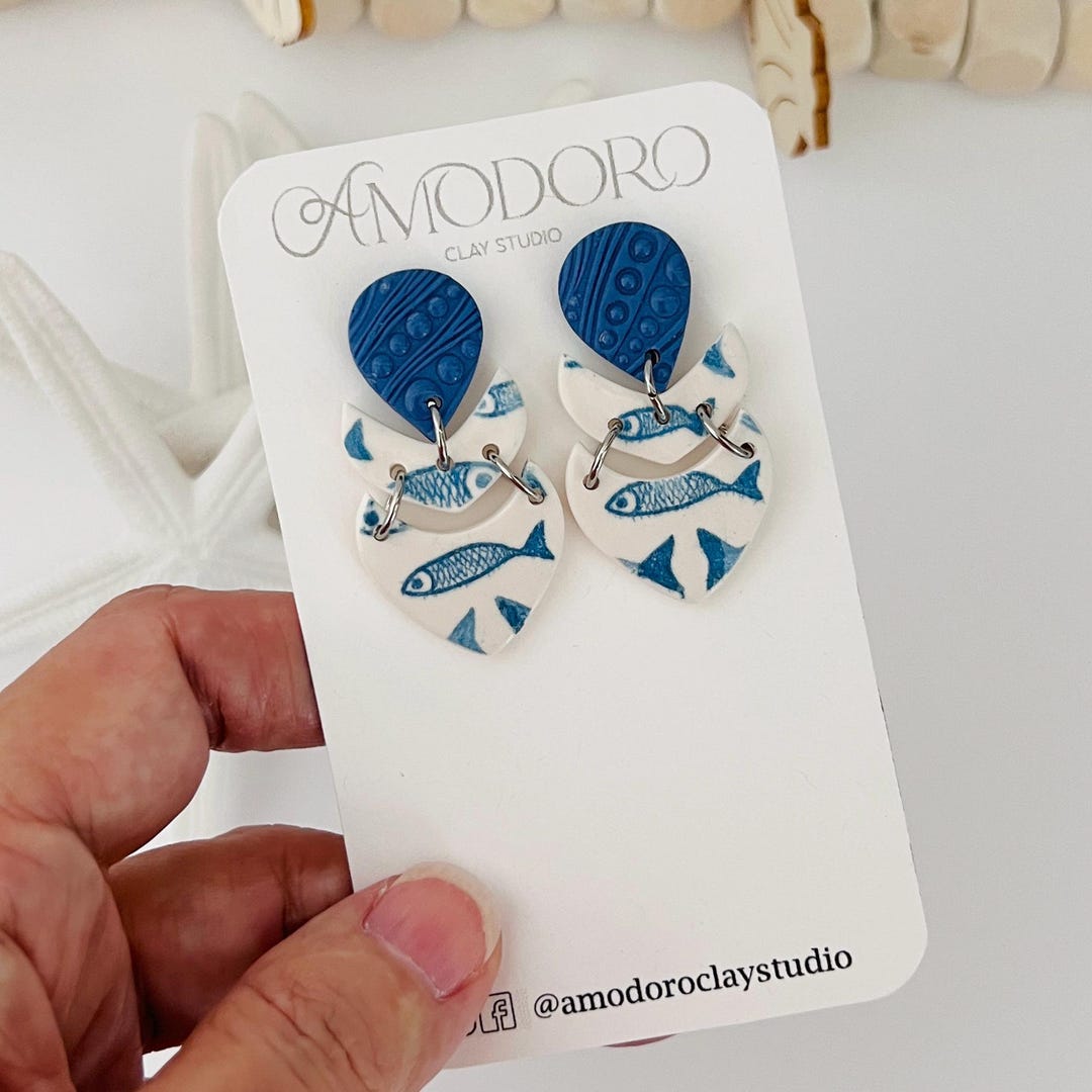 Handmade Polymer Clay Fish Design Earrings Nautical Blue and White ...