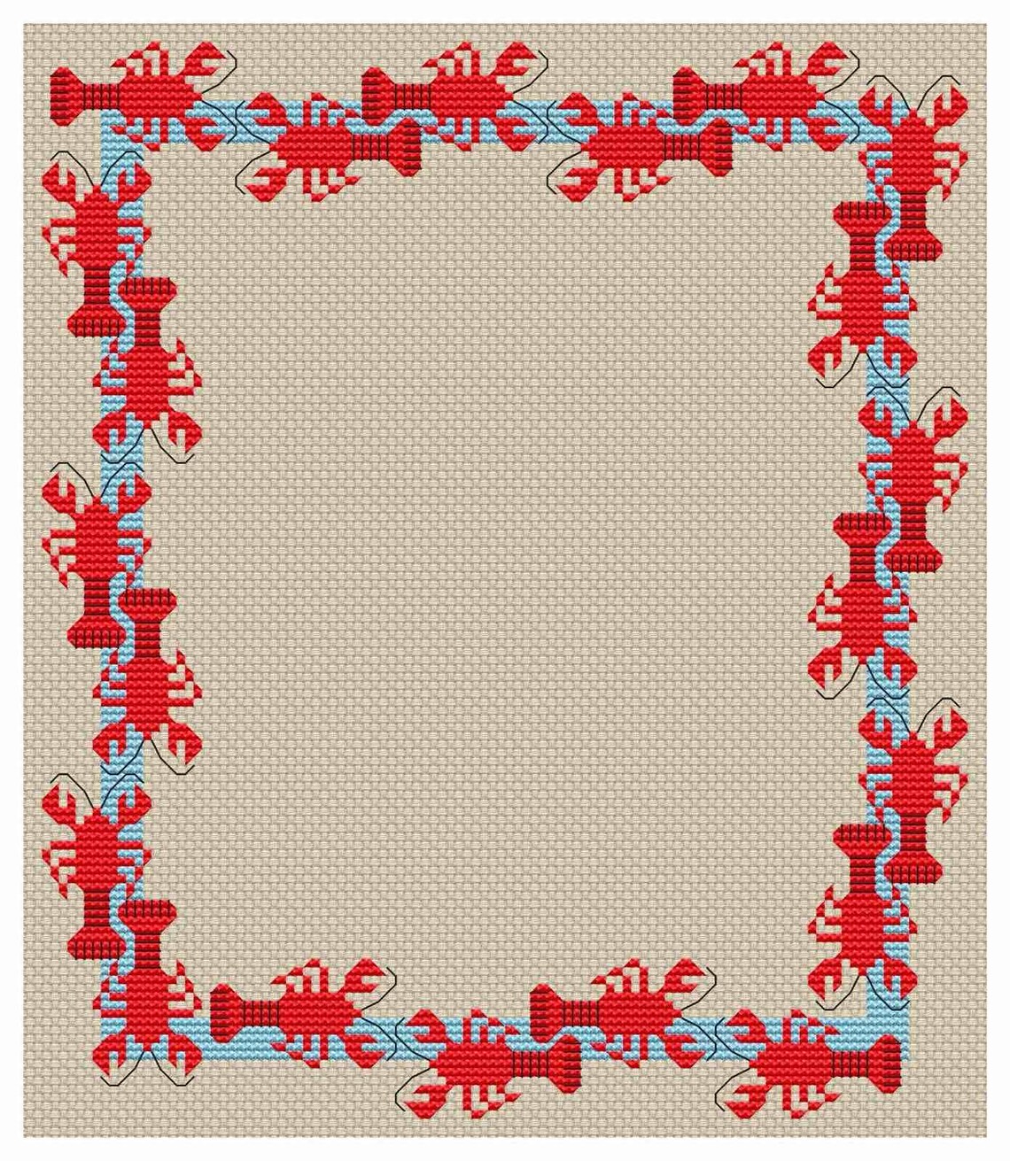 Lobster Border Cross Stitch Pattern – Nautical Coastal Frame Design ...