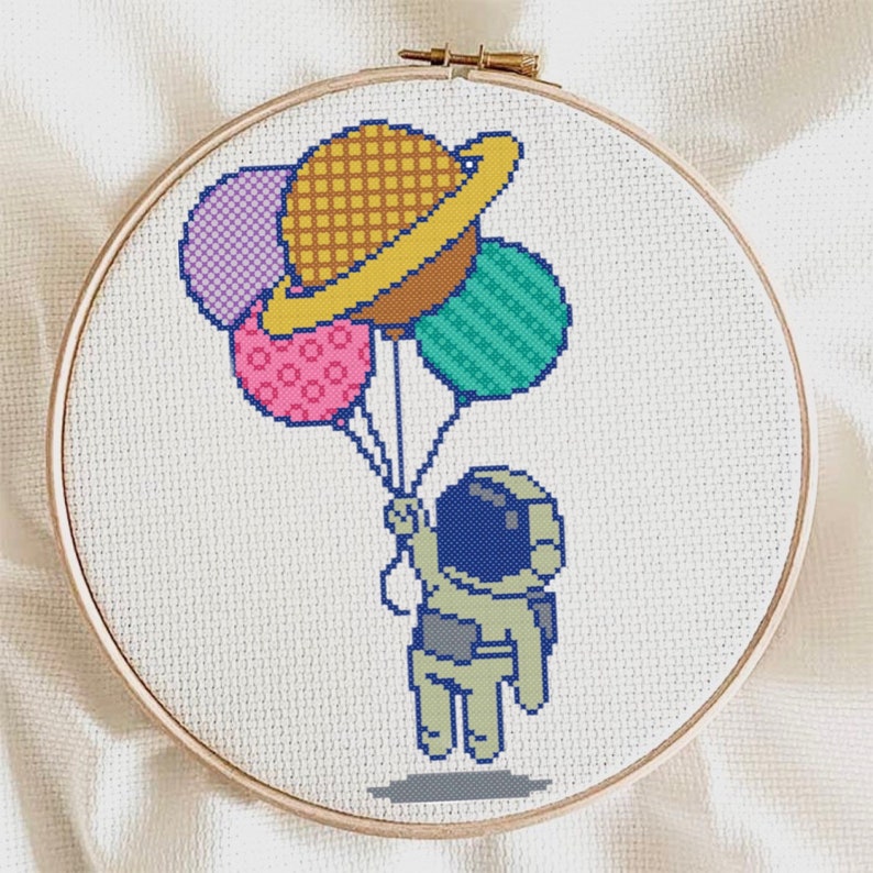 Cross Stitch Pattern Astronaut and Planet Balloons, Simple Cross Stitch ...
