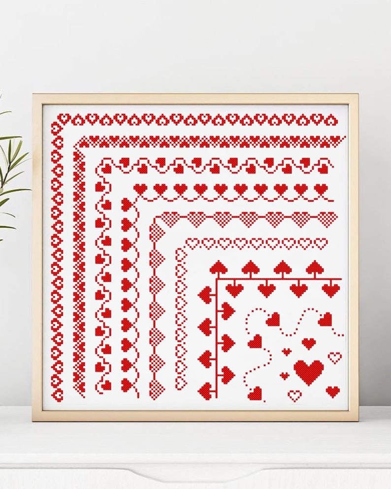 Hearts Borders Cross Stitch Pattern, Valentine's Hearts Cross Stitch ...