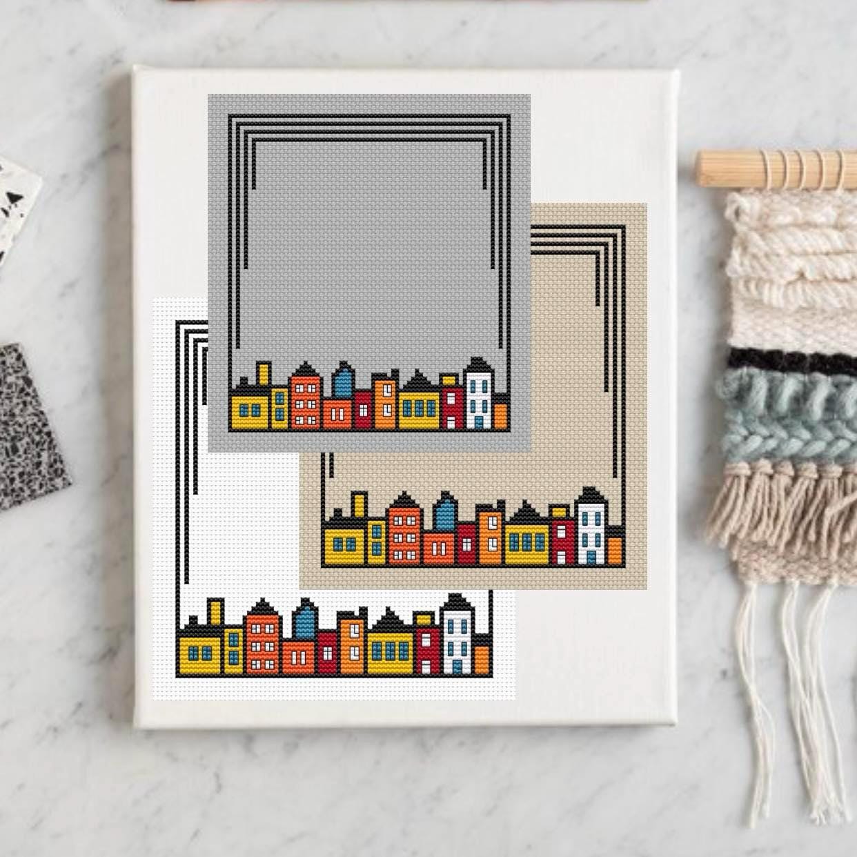 Modern Cityscape Cross Stitch Pattern PDF, Urban Houses Border ...
