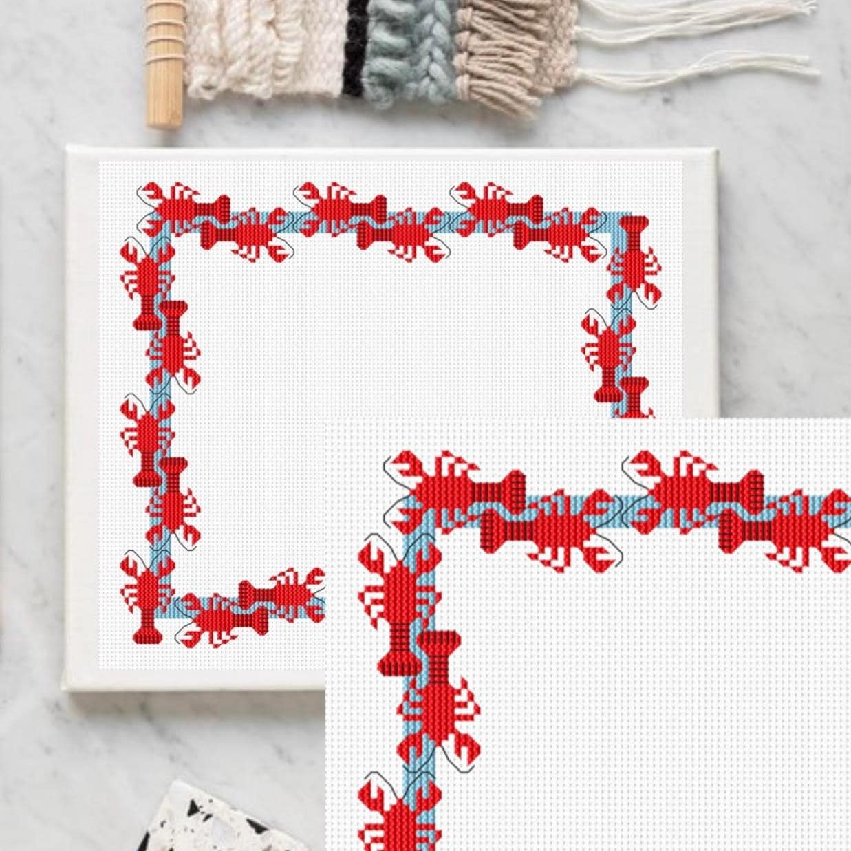 Lobster Border Cross Stitch Pattern – Nautical Coastal Frame Design ...