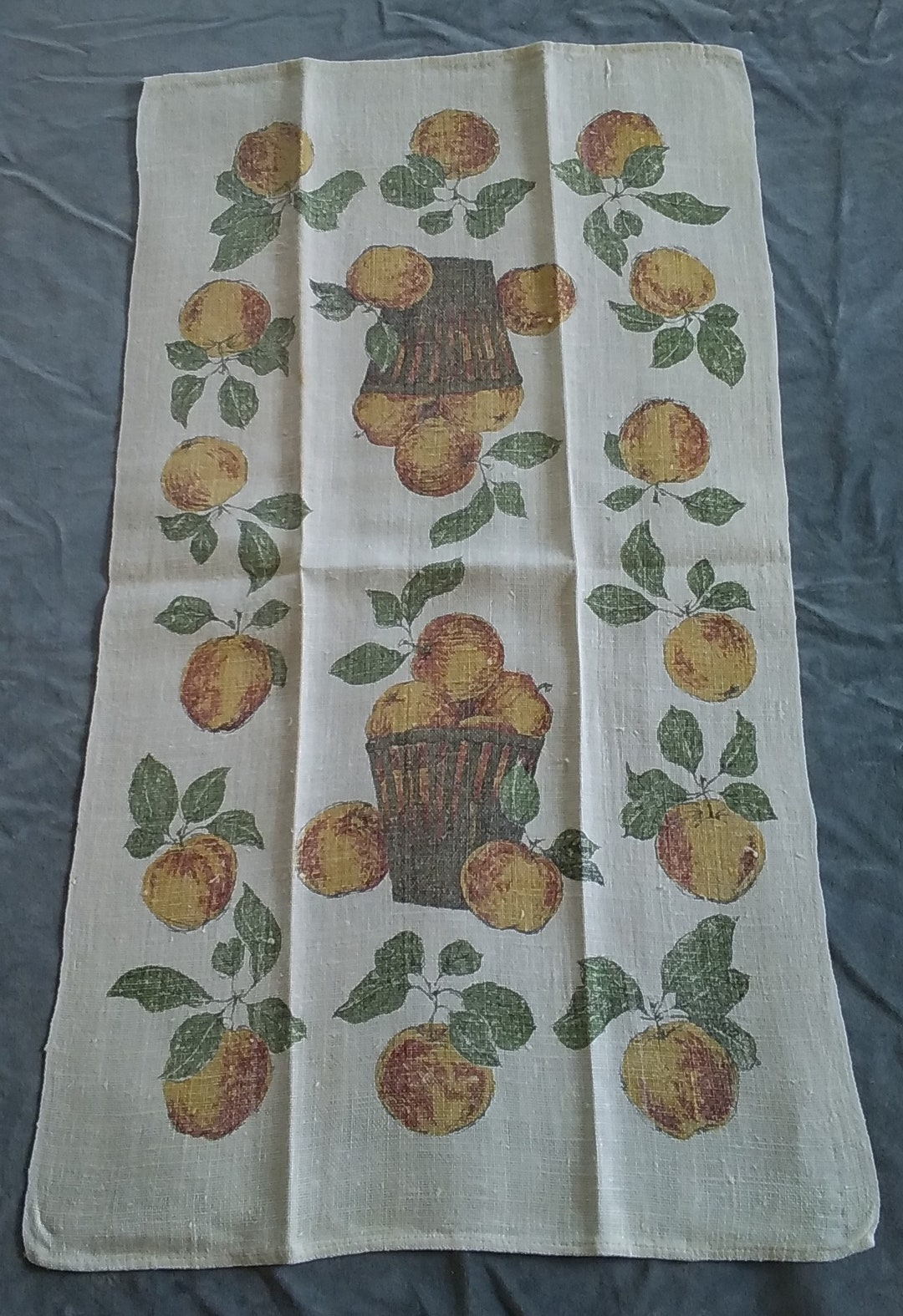 Vintage "kay Dee Handprints 100% Pure Linen" Peaches Design Tea Towel ...