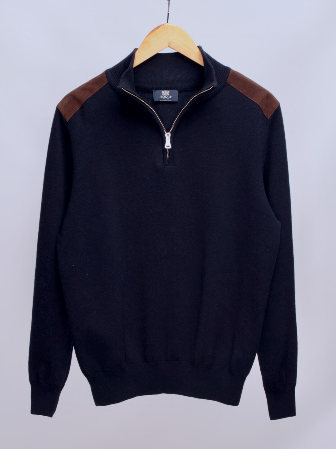 Men's BOGGI Milano Navy Blue Wool Blend Suede Shoulders 1/4 Zip Sweater ...