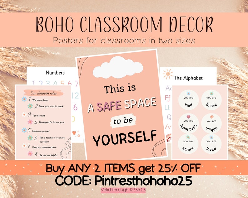 Boho Classroom Teacher Decor 11 Poster Set Peach, Pink, Tan, Muted ...