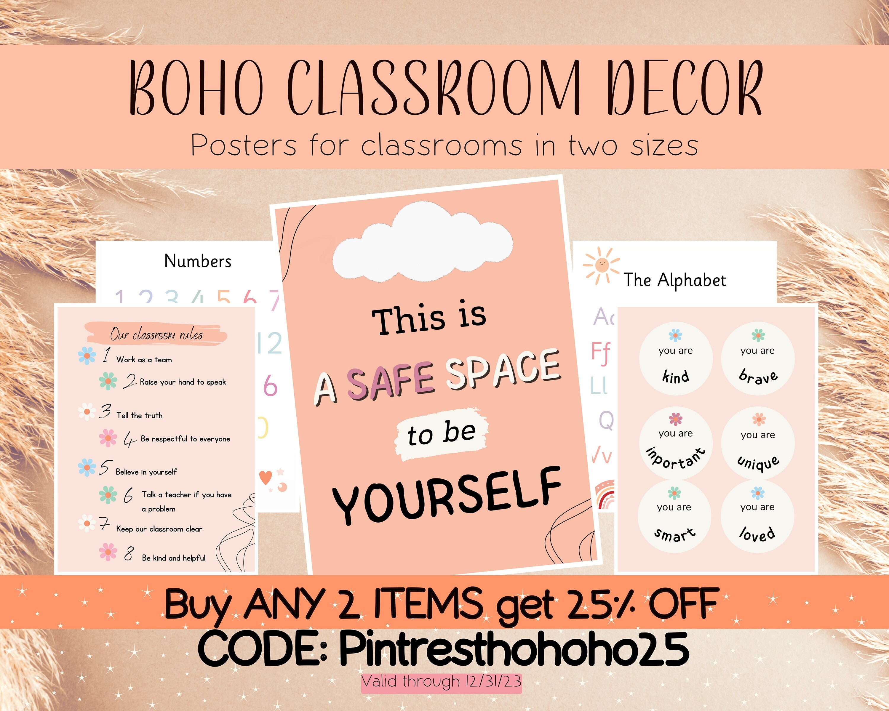 Boho Classroom Teacher Decor 11 Poster Set Peach, Pink, Tan, Muted ...