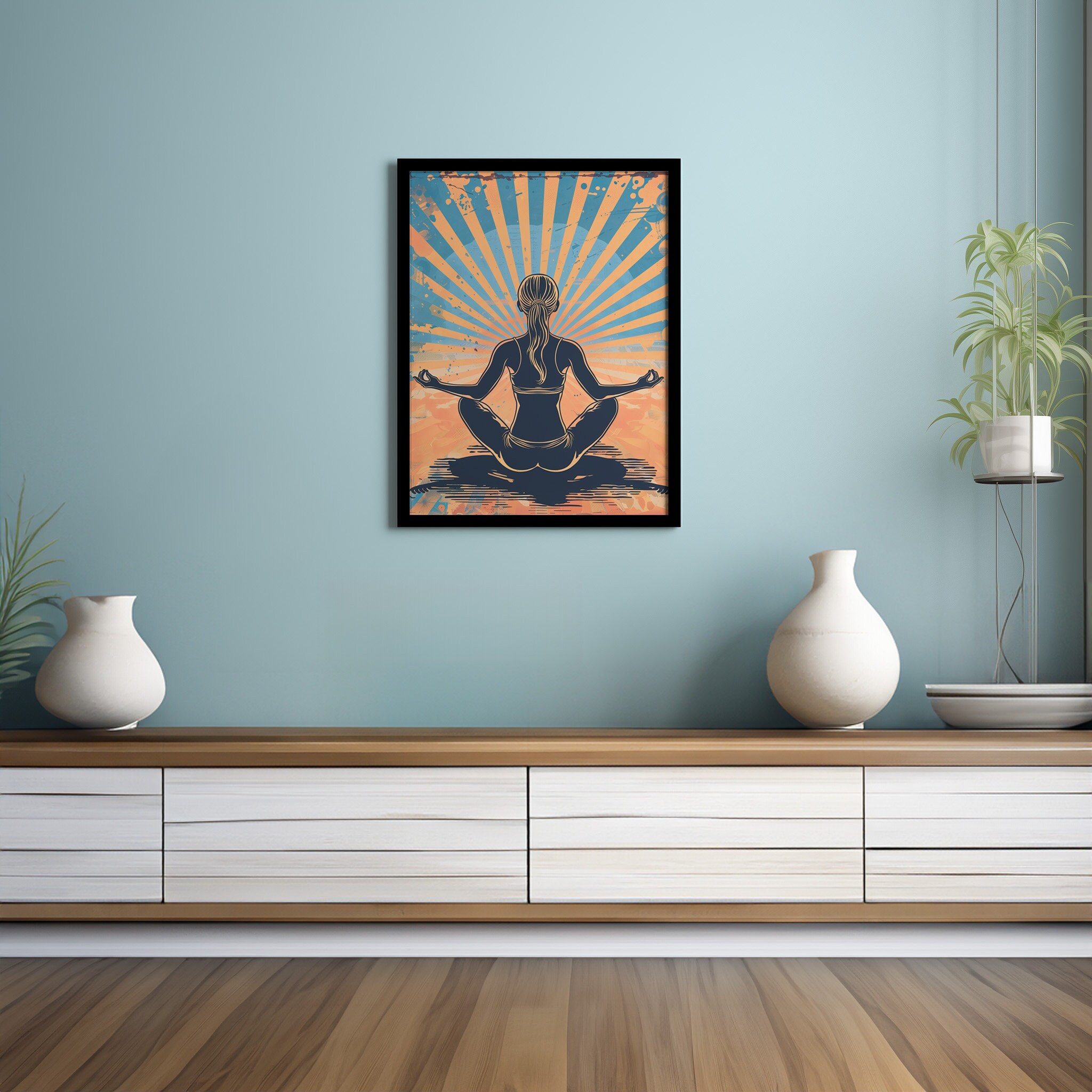 Retro Pop Art Yoga Meditation Poster, Colorful Sunrise Backdrop With ...