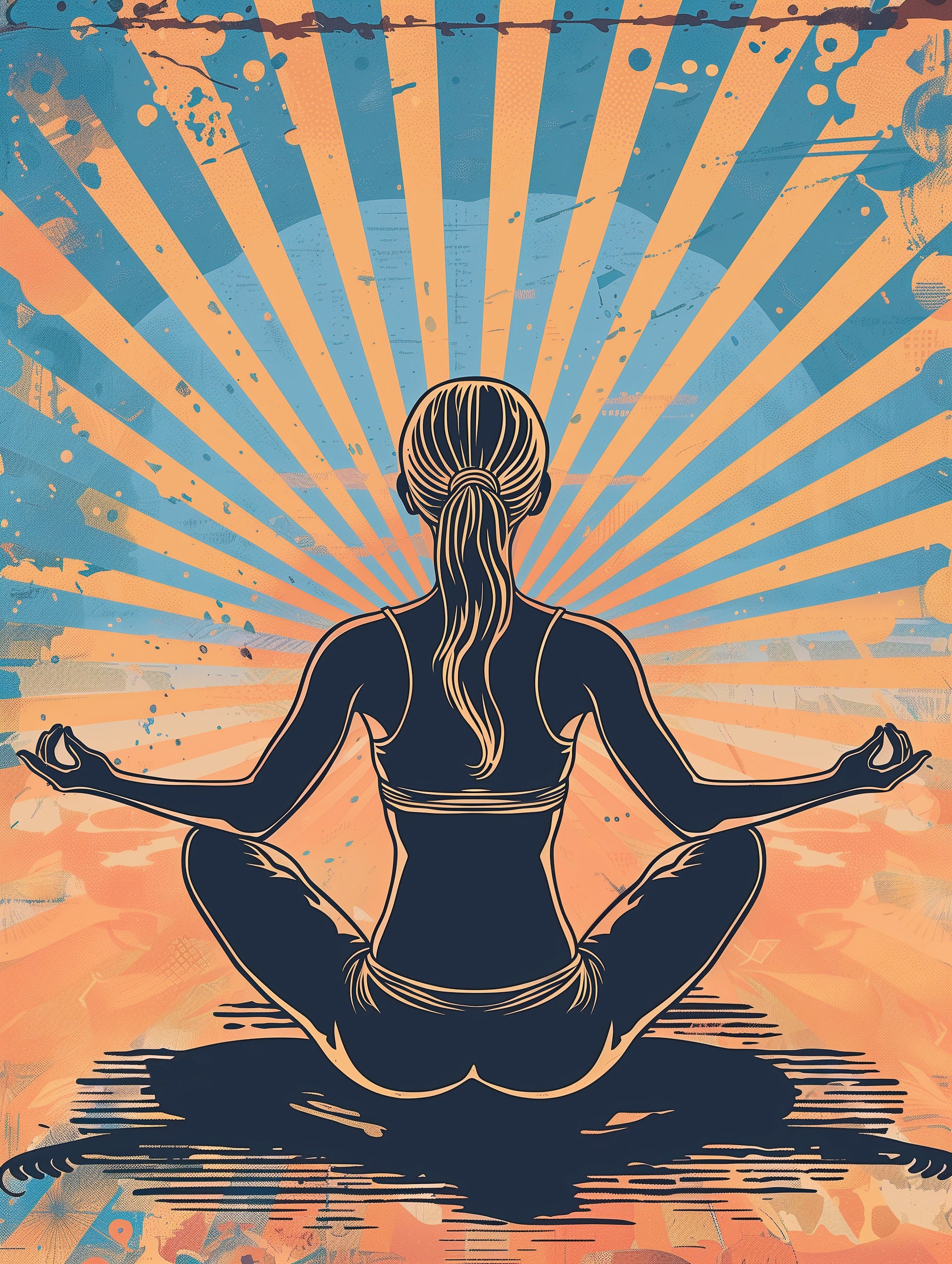 Retro Pop Art Yoga Meditation Poster, Colorful Sunrise Backdrop With ...