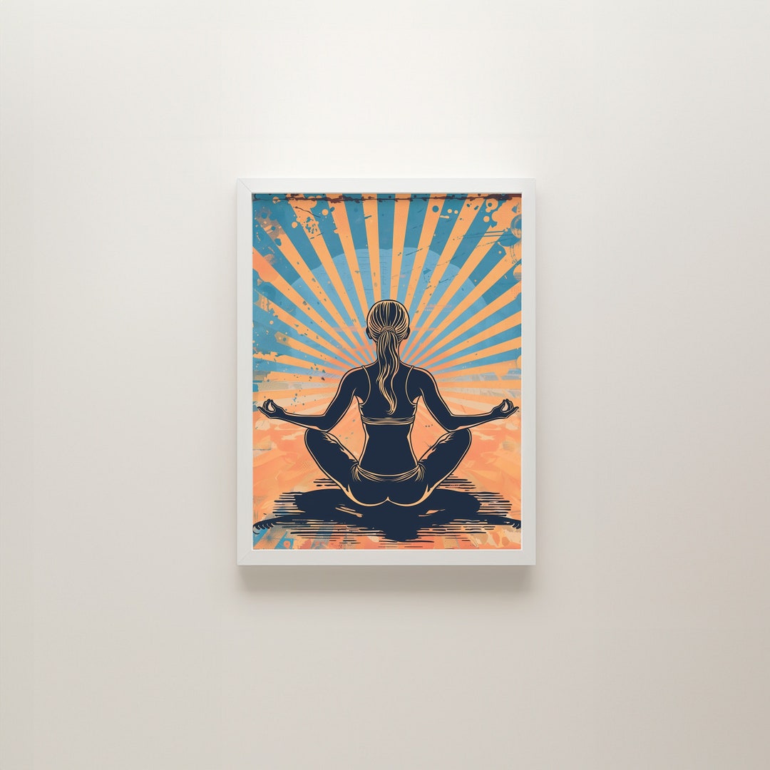Retro Pop Art Yoga Meditation Poster, Colorful Sunrise Backdrop With ...