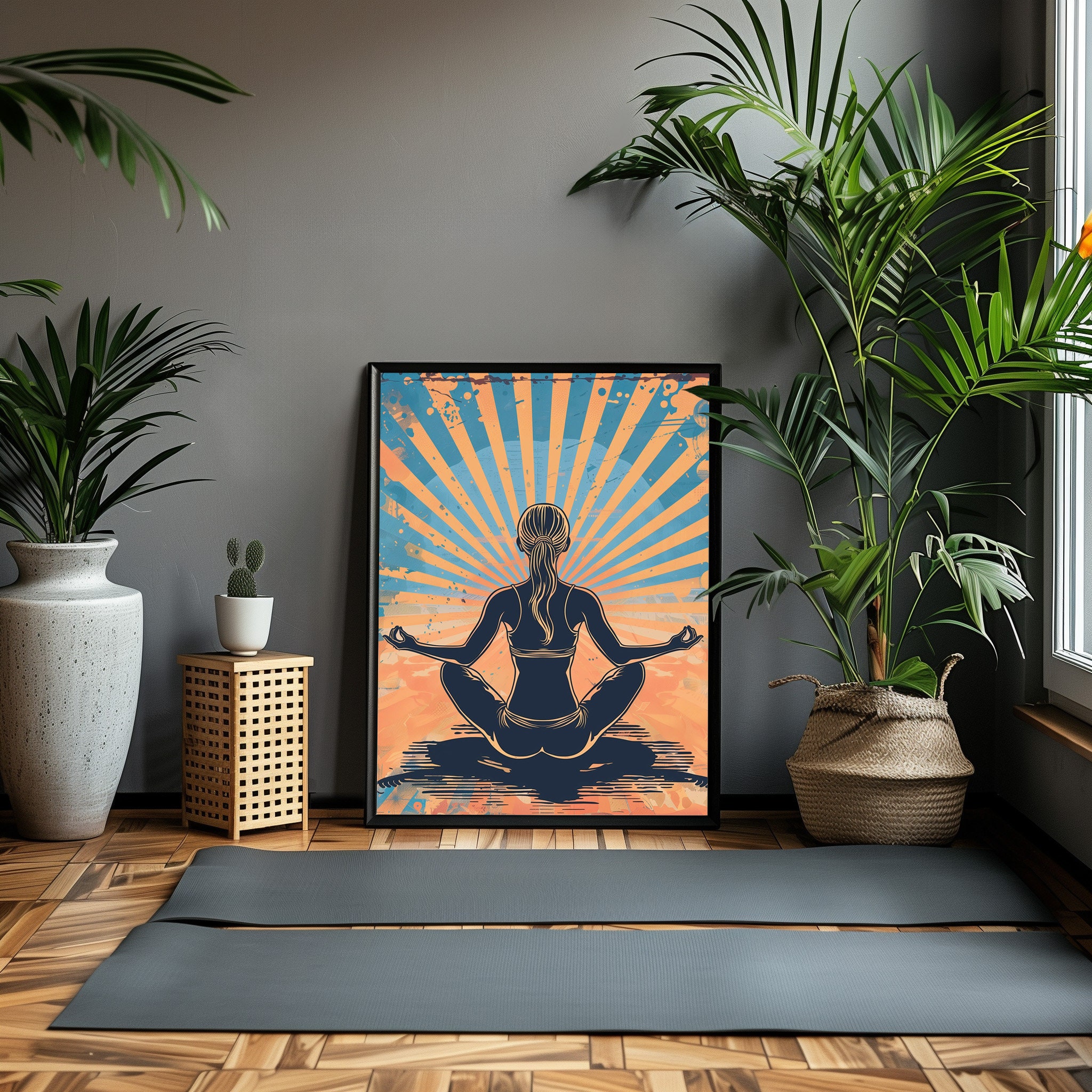 Retro Pop Art Yoga Meditation Poster, Colorful Sunrise Backdrop With ...