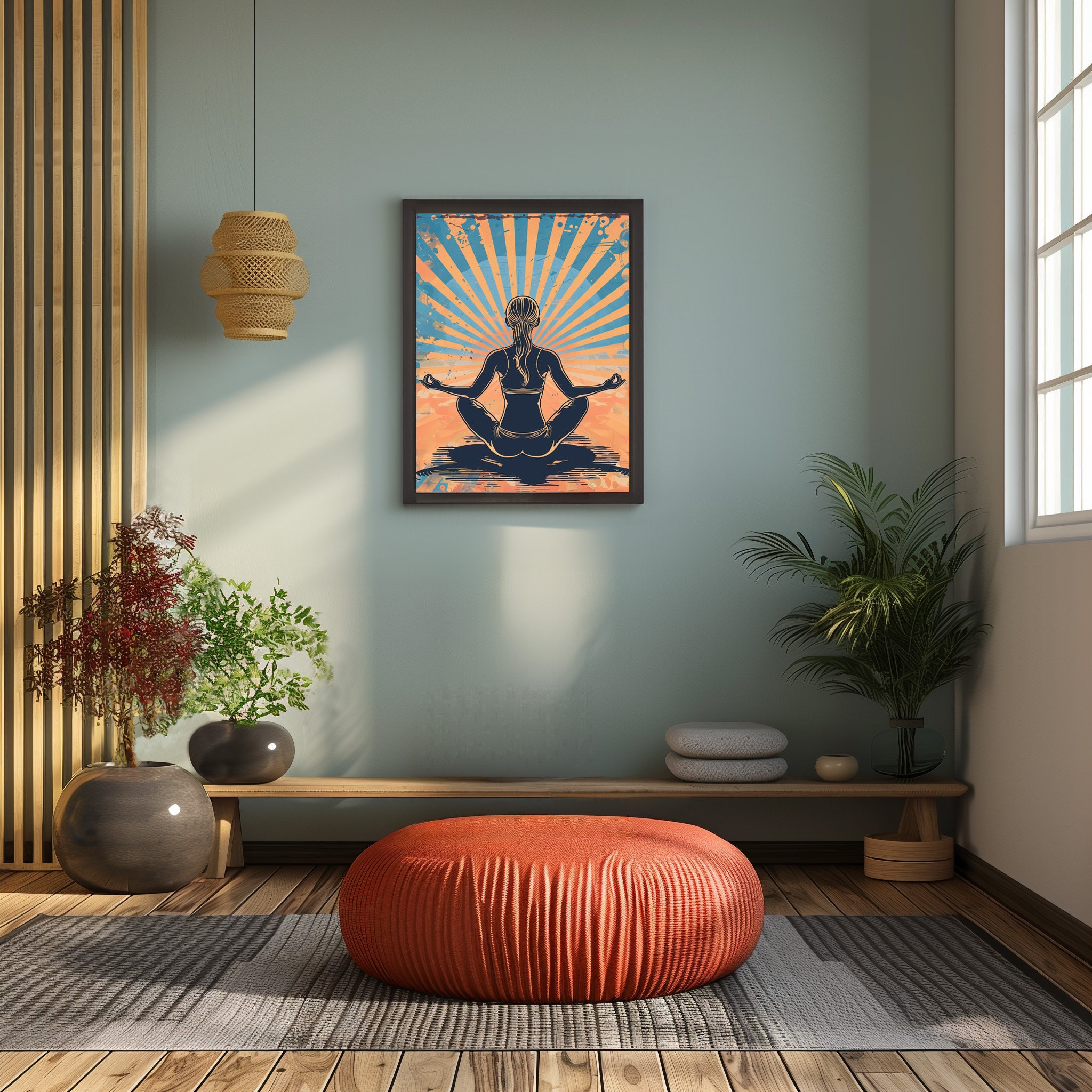 Retro Pop Art Yoga Meditation Poster, Colorful Sunrise Backdrop With ...