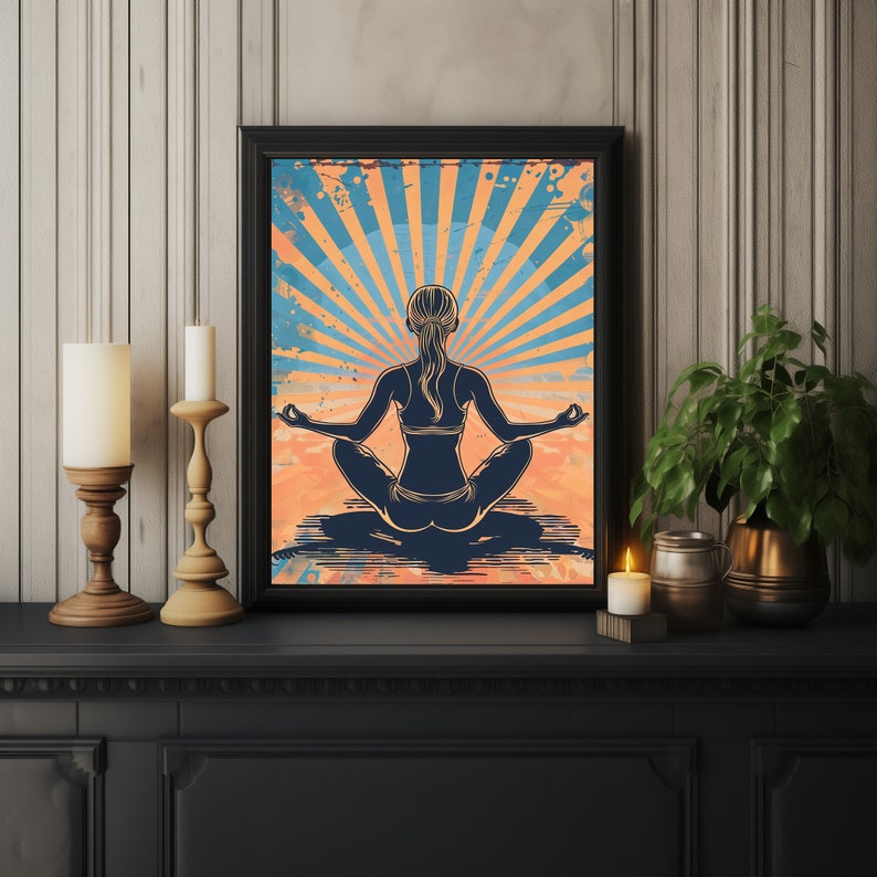 Retro Pop Art Yoga Meditation Poster, Colorful Sunrise Backdrop With ...