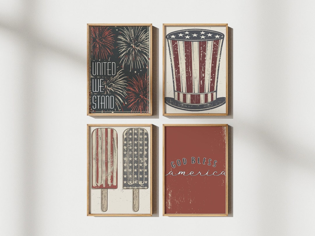 Patriotic Wall Art, Fourth of July Decor Set of 4, Printable Digital ...