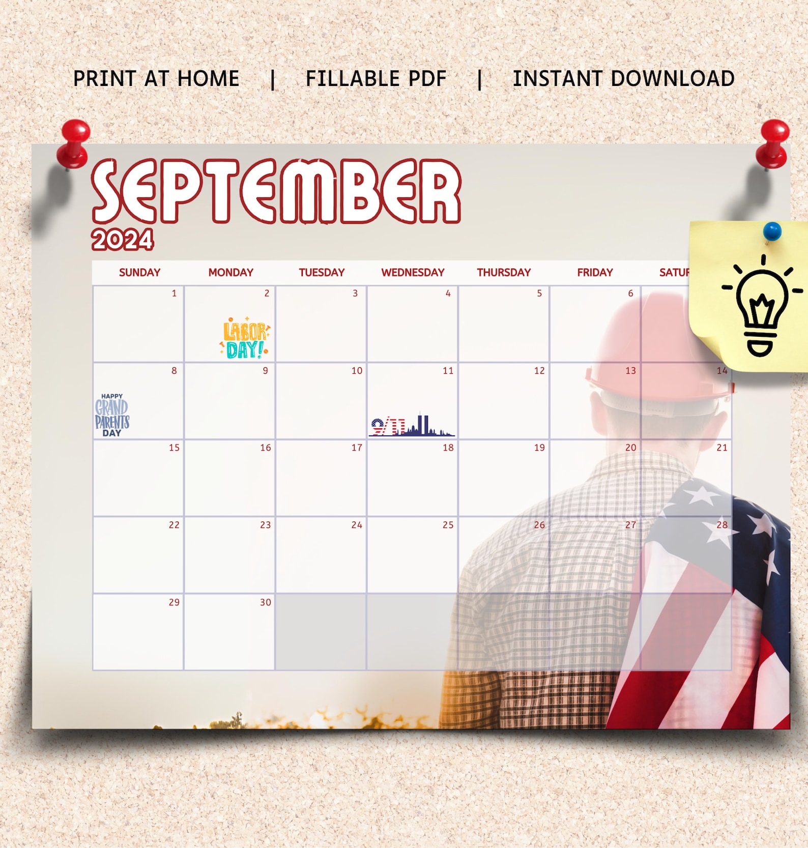 Editable SEPTEMBER 2024 Calendar, Labor Day, Printable Monthly Calendar ...