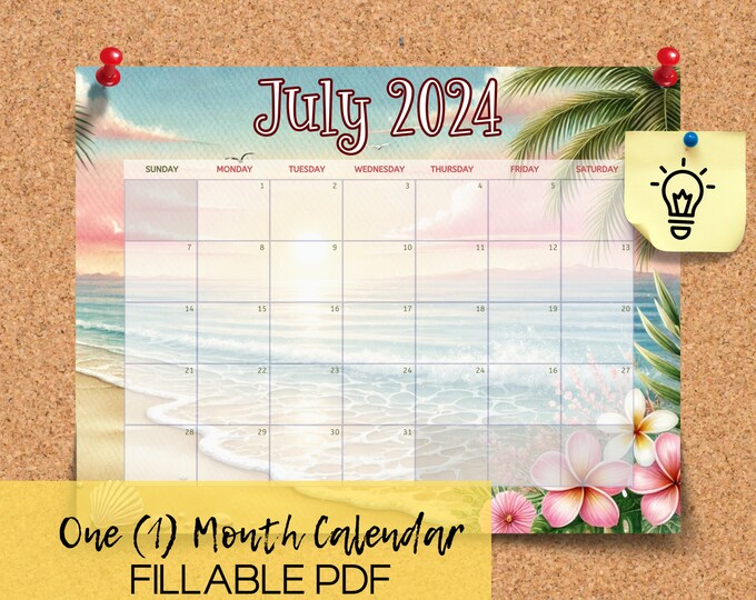 EDITABLE July 2024 Calendar With Sea Turtle Design, Fillable Summer ...