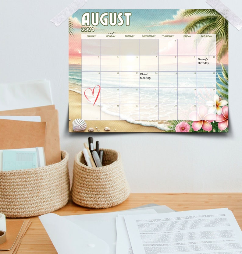 Editable AUGUST 2024 Calendar, Summer Vacation, Printable Monthly ...
