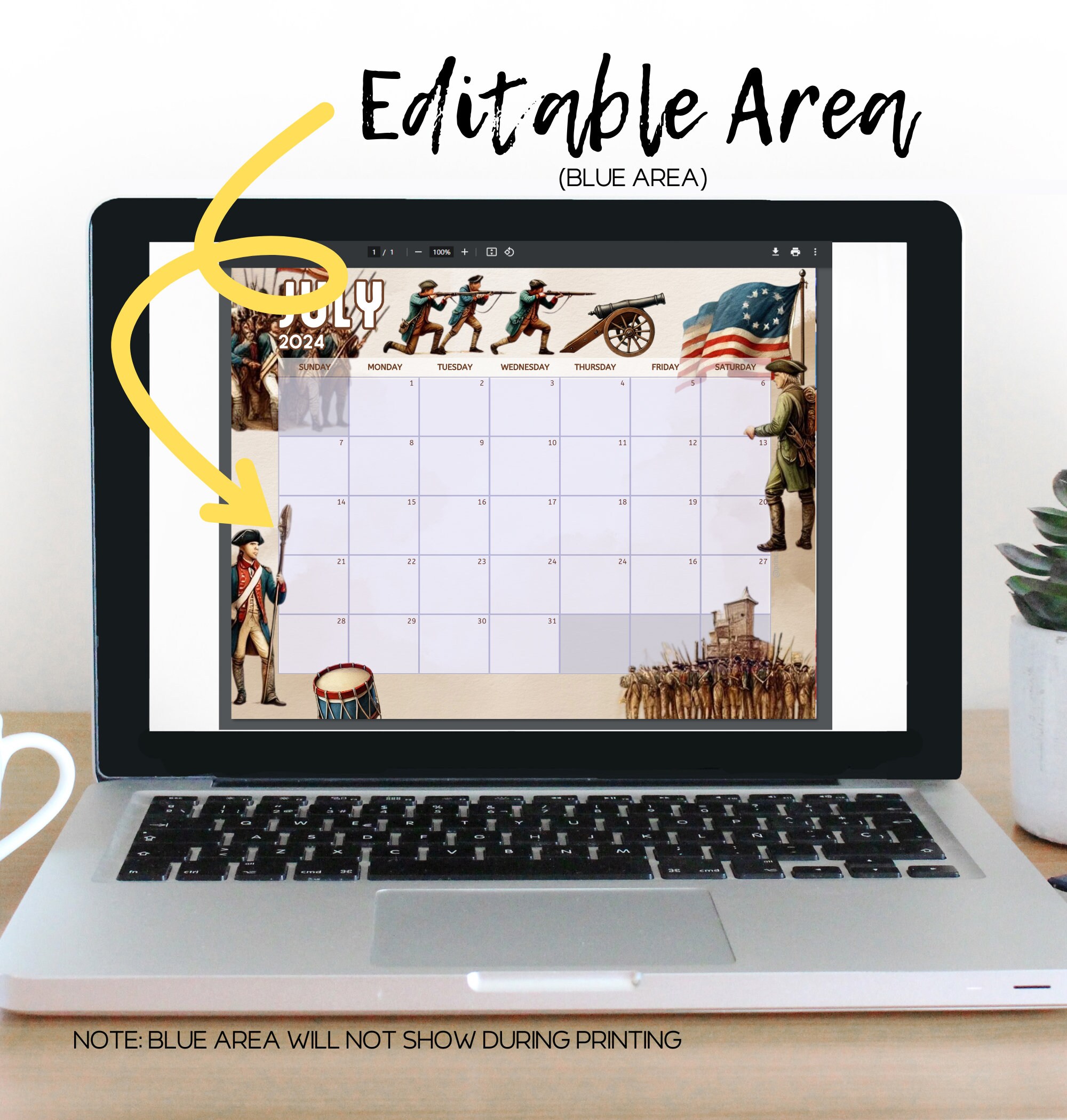 Editable JULY 2024 Calendar, Independence Day Battle 1776, Printable ...