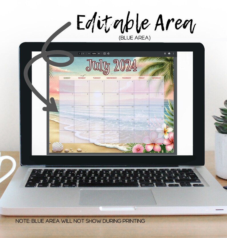 Editable JULY 2024 Calendar, Summer Beach, Printable Monthly Calendar ...