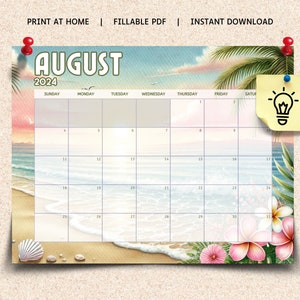 Editable AUGUST 2024 Calendar, Summer Vacation, Printable Monthly ...