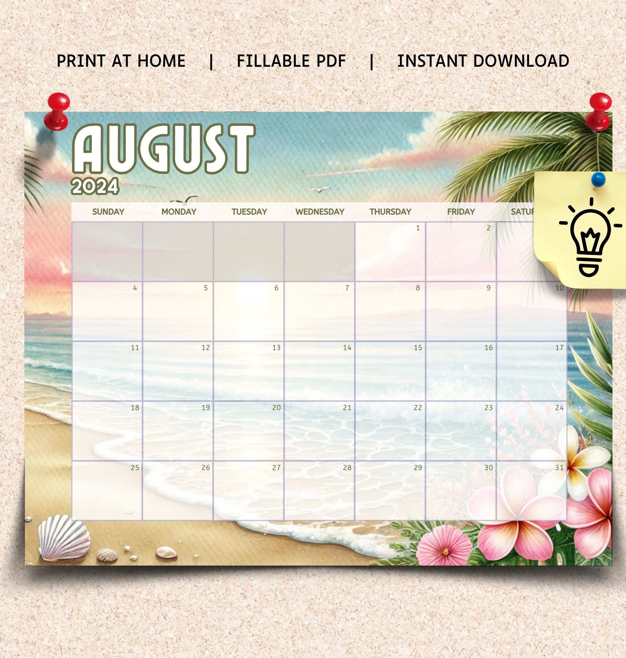 Editable AUGUST 2024 Calendar, Summer Vacation, Printable Monthly ...