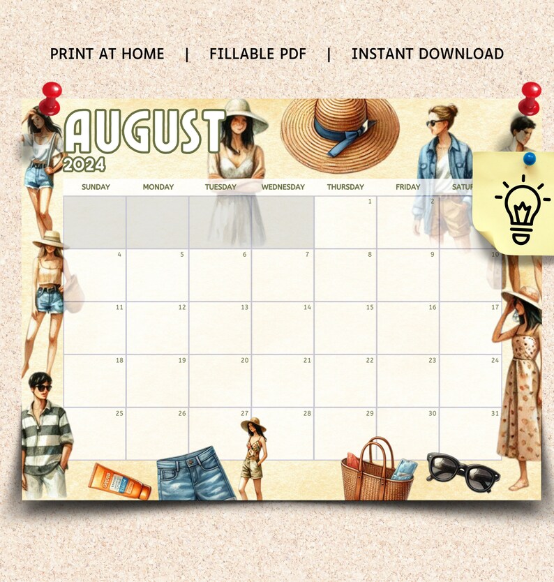Editable AUGUST 2024 Calendar, Summer Fashion, Printable Monthly ...