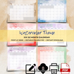 Editable JULY to DECEMBER 2024 Calendar, Watercolor Calendar, Printable ...