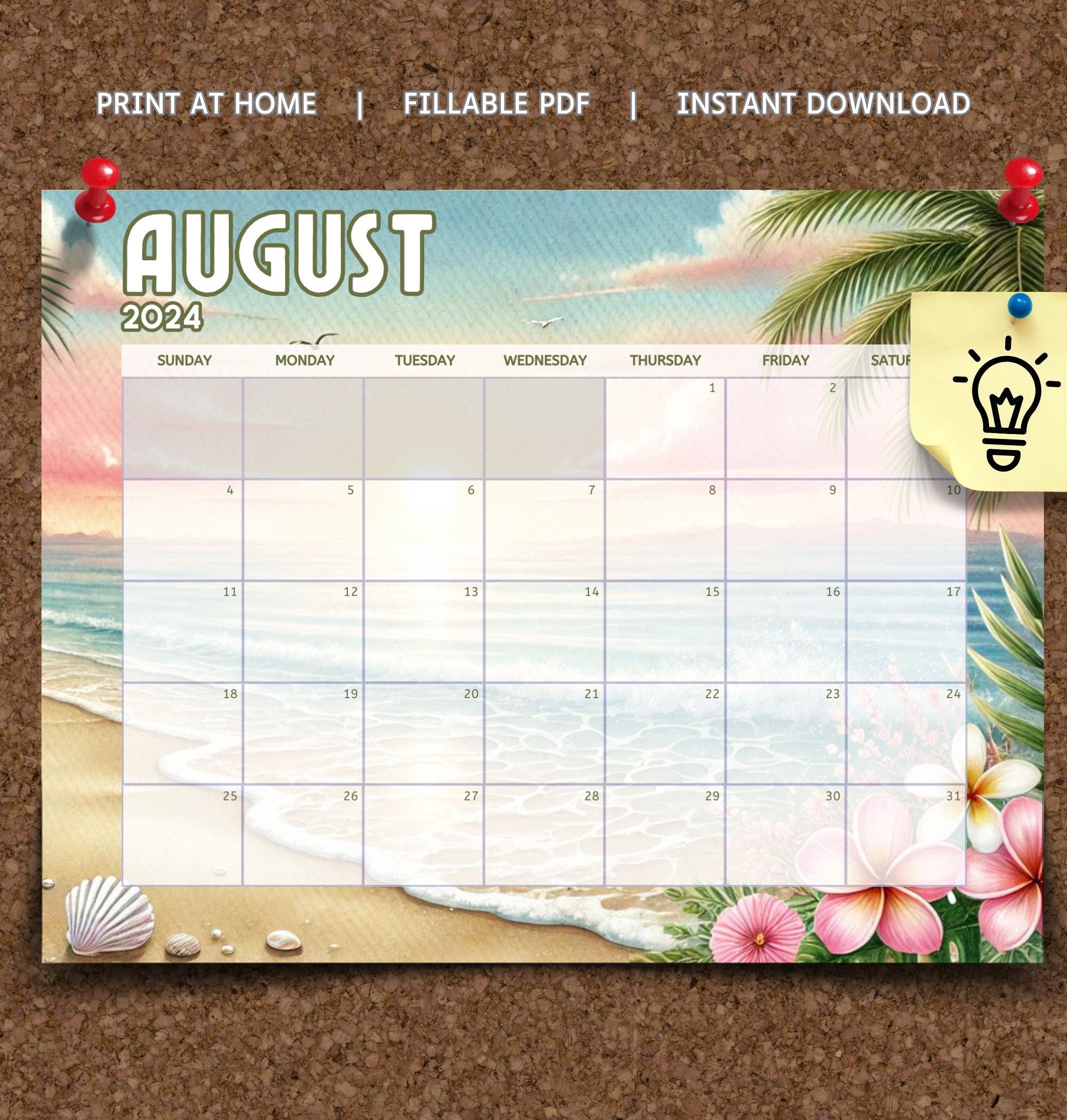 Editable AUGUST 2024 Calendar, Summer Vacation, Printable Monthly ...