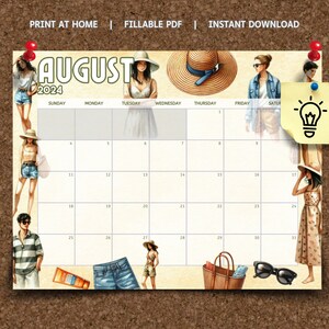 Editable AUGUST 2024 Calendar, Summer Fashion, Printable Monthly ...