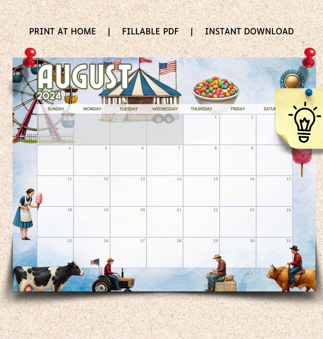 Editable AUGUST 2024 Calendar, State Fair, Printable Monthly Calendar ...