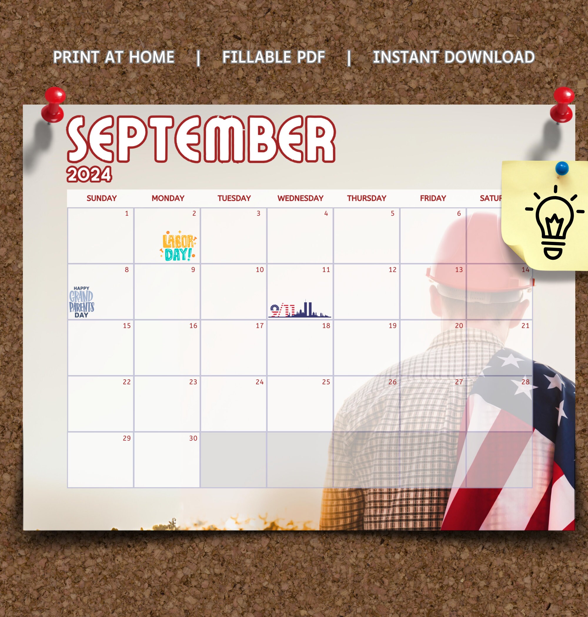 Editable SEPTEMBER 2024 Calendar, Labor Day, Printable Monthly Calendar ...