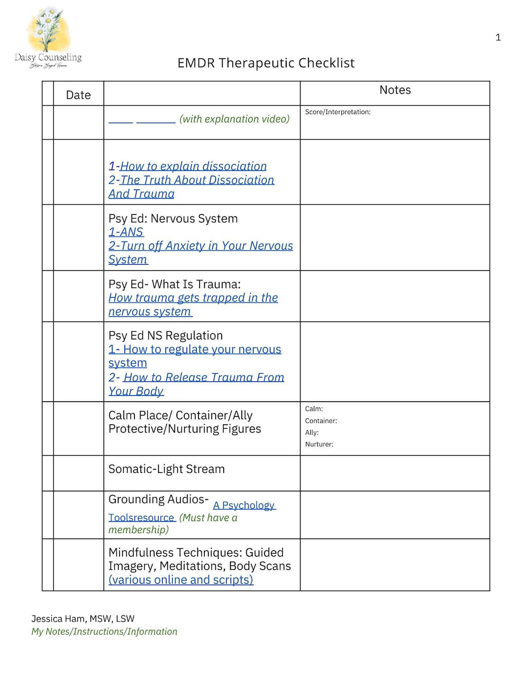 EMDR Therapeutic Checklist - Phases 1 and 2 With Intervention Ideas ...