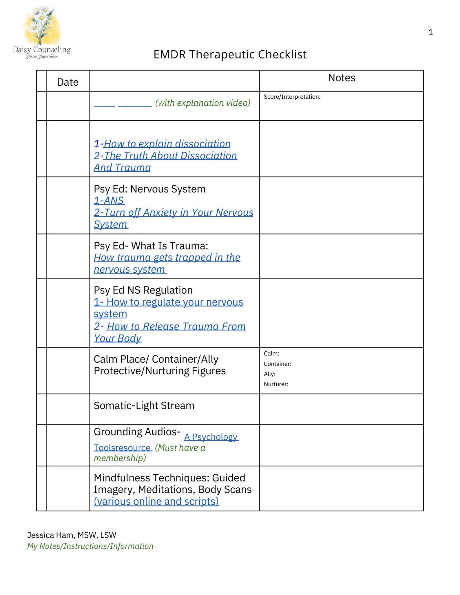 EMDR Therapeutic Checklist - Phases 1 and 2 With Intervention Ideas ...