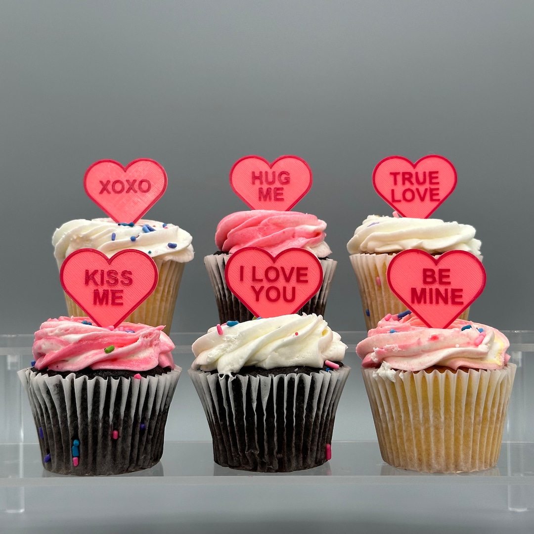 Pink Valentine's Day Party Conversation Hearts Cupcake Toppers, 3D ...