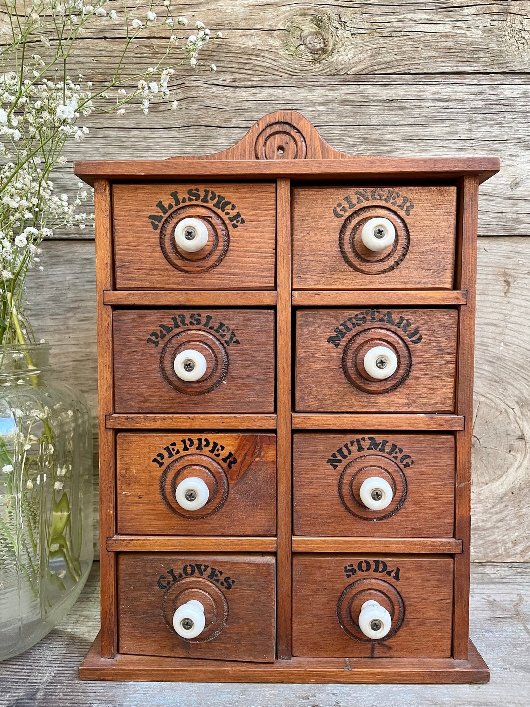 Vintage Rustic Wooden Spice Cabinet Eight Drawers With Porcelain Knobs ...