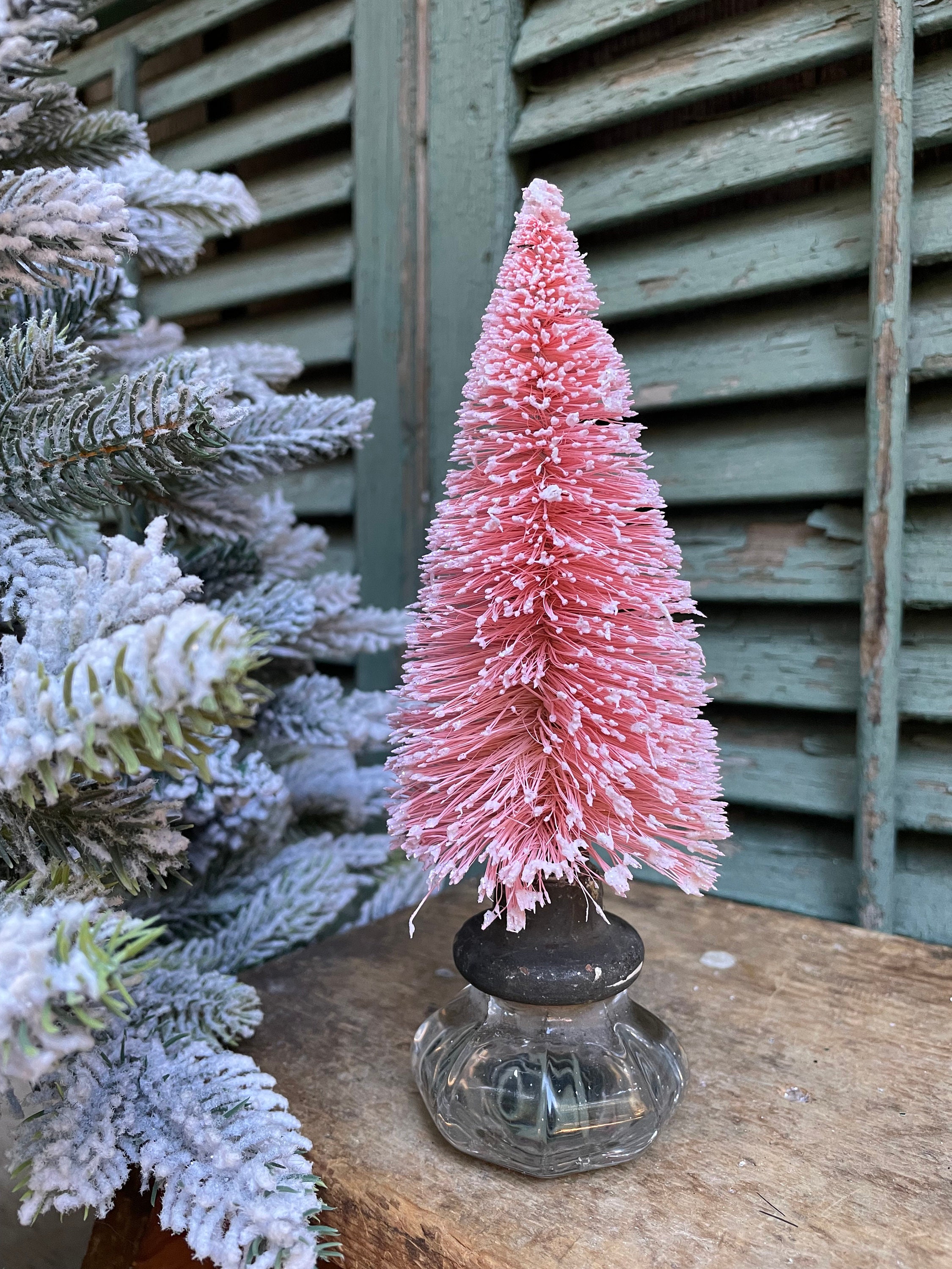 Vintage Inspired Pink Bottle Brush Tree in Shabby Vintage Glass Door ...