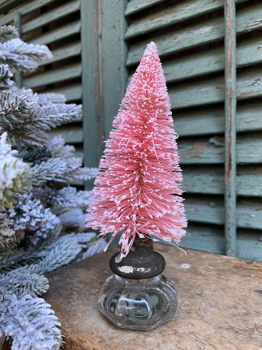 Vintage Inspired Pink Bottle Brush Tree in Shabby Vintage Glass Door ...