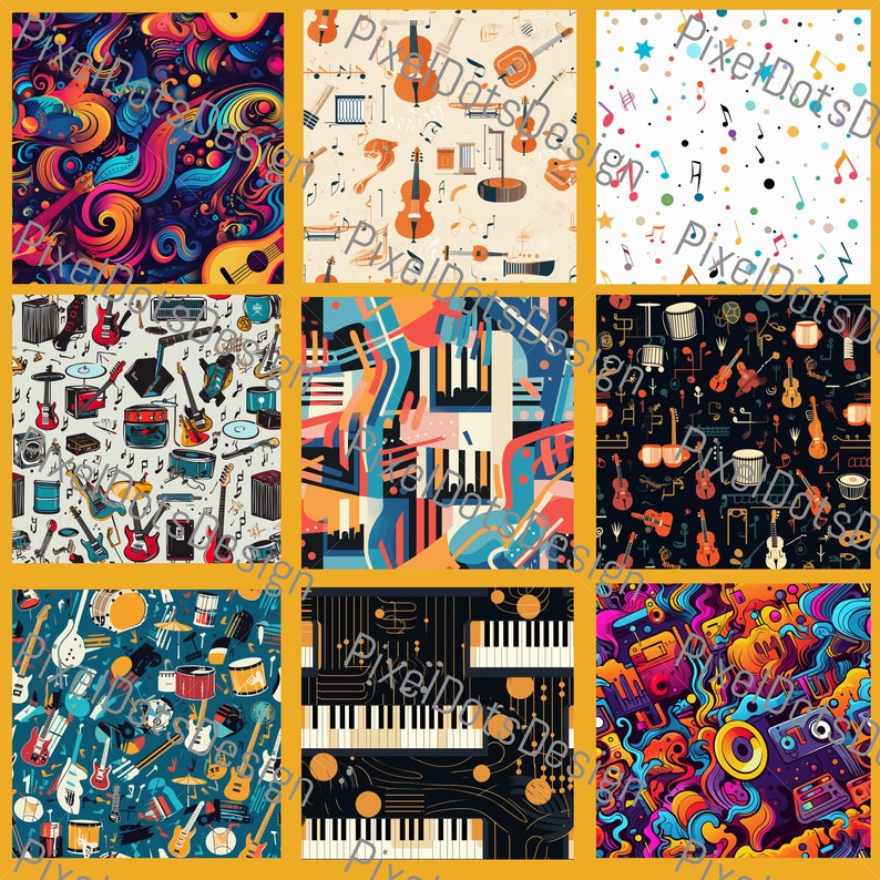 13 Colorful Musical Patterns, Seamless Instruments Digital Paper ...