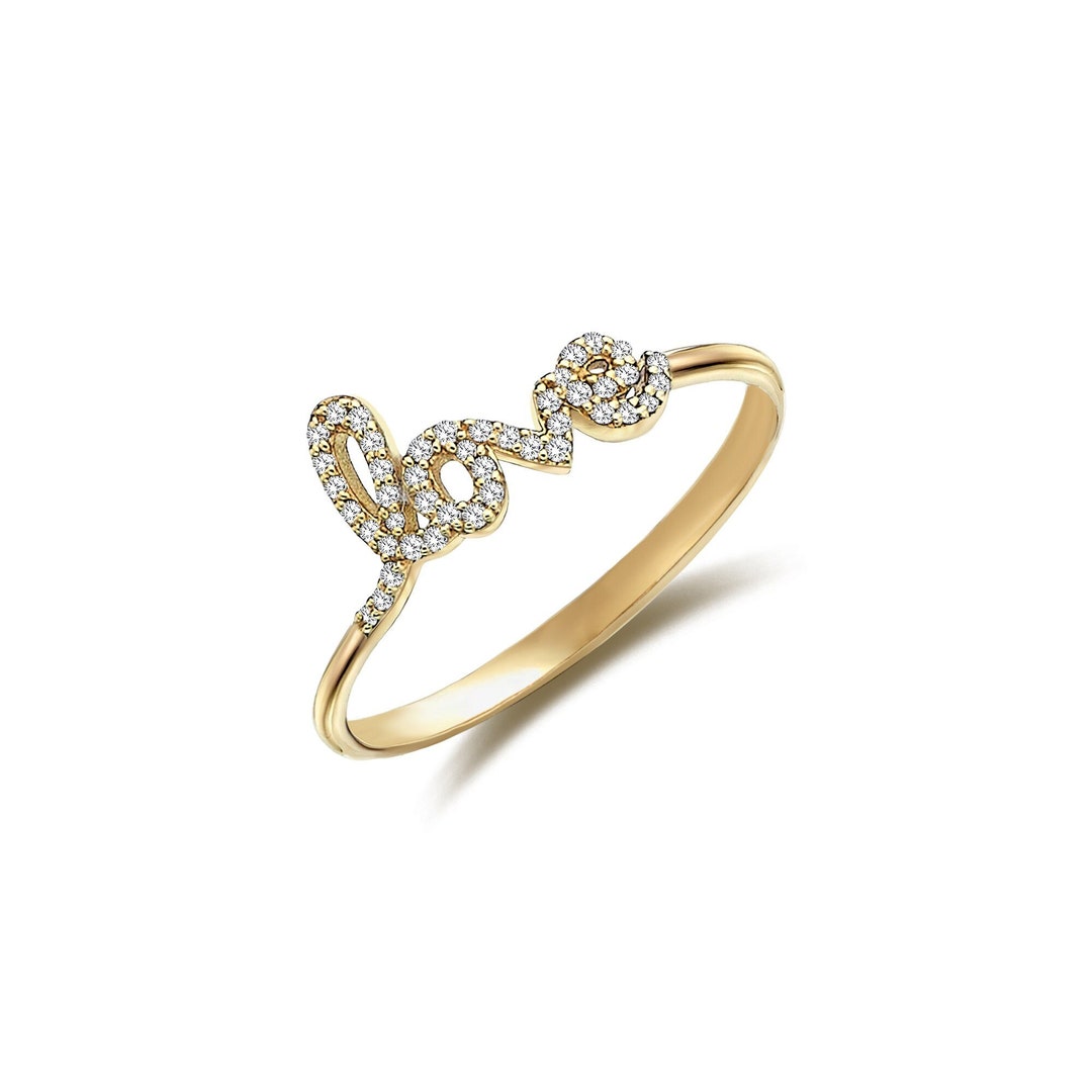 Diamond Love Script Ring Dainty 14k Real Gold Handwriting Love ...