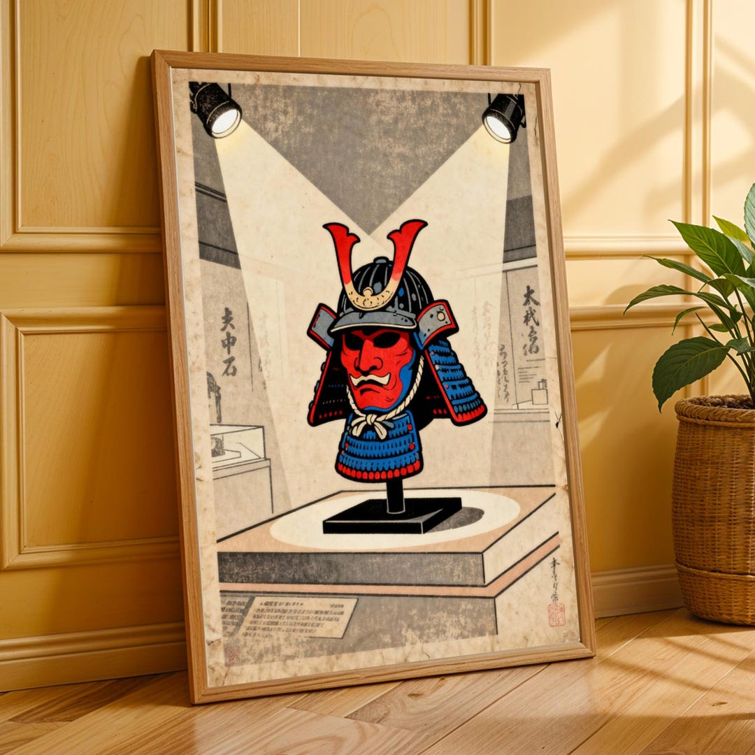 Samurai Helmet Poster – Red and Blue Japanese Art | Modern Ukiyo-e ...