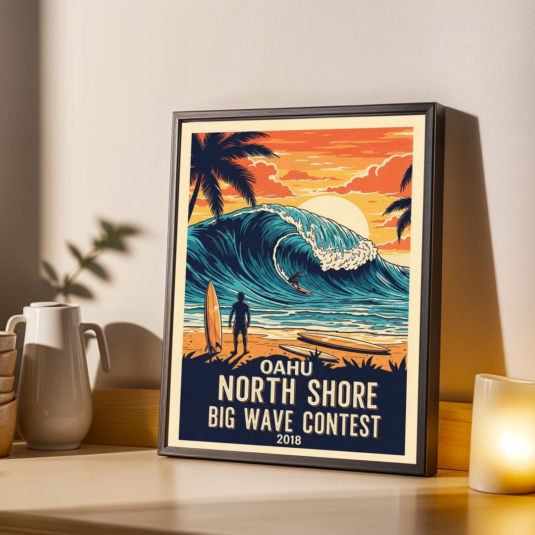 Oahu North Shore Poster – Sunset Orange and Ocean Teal Vintage Surf Art ...