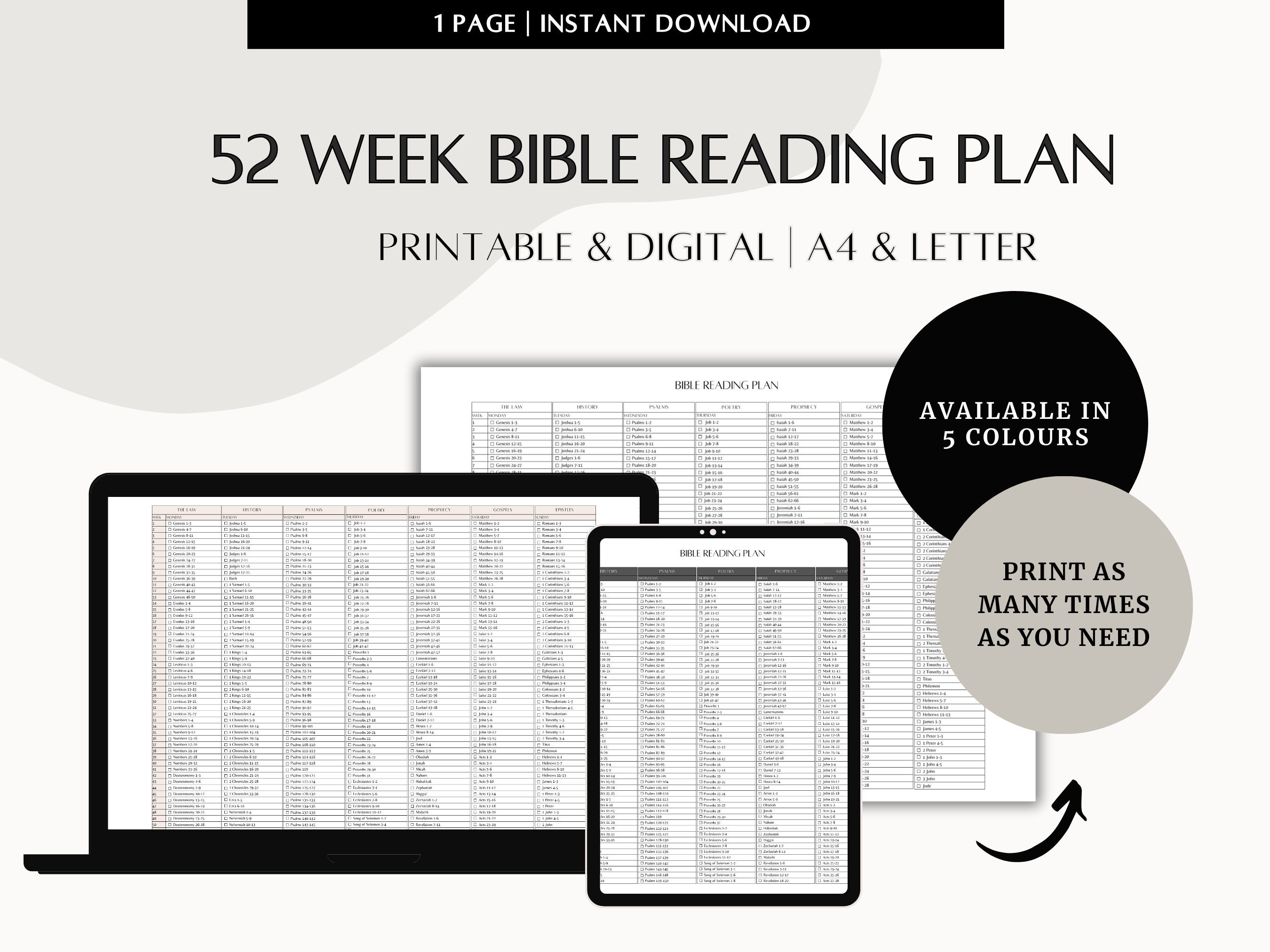 Bible Reading Plan, 1 Page Bible Reading Plan, Printable 52 Week Readin ...