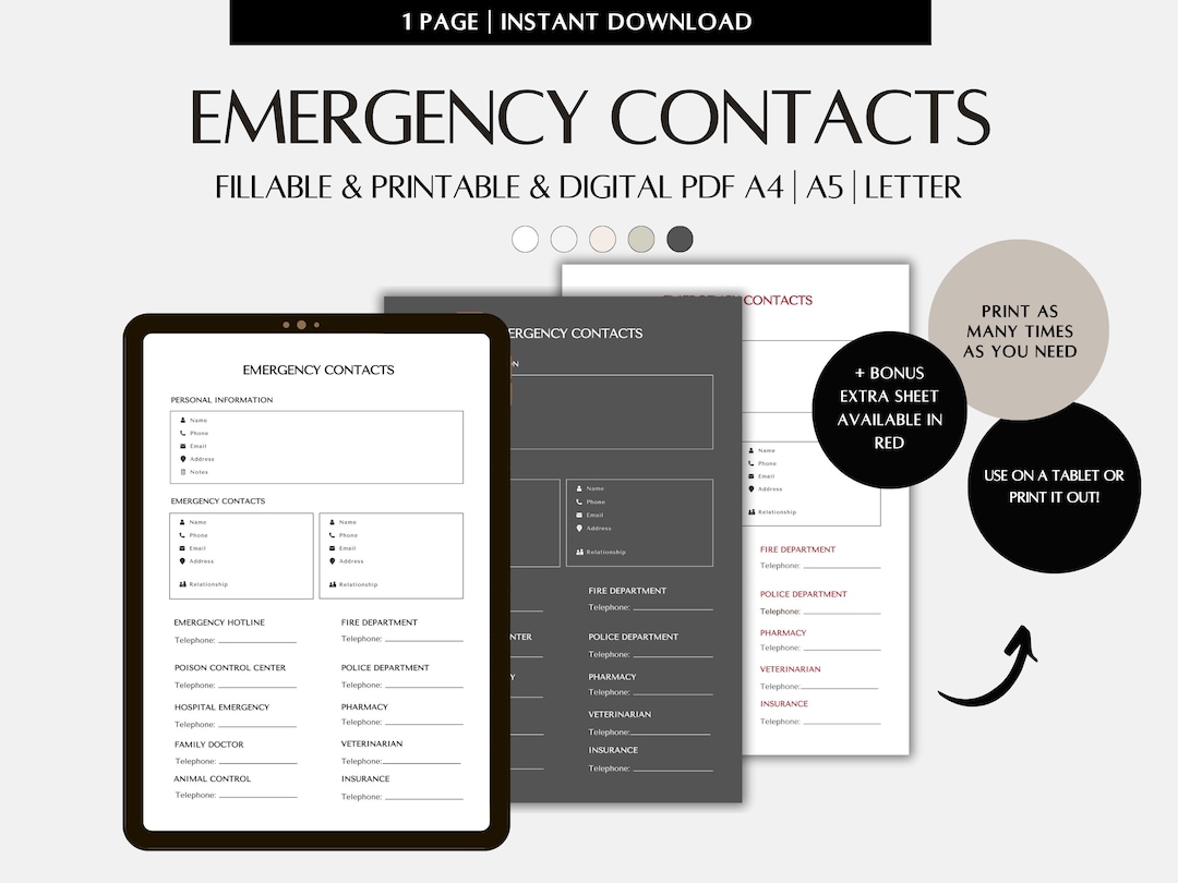 Emergency Contacts Digital Planner Template - Etsy